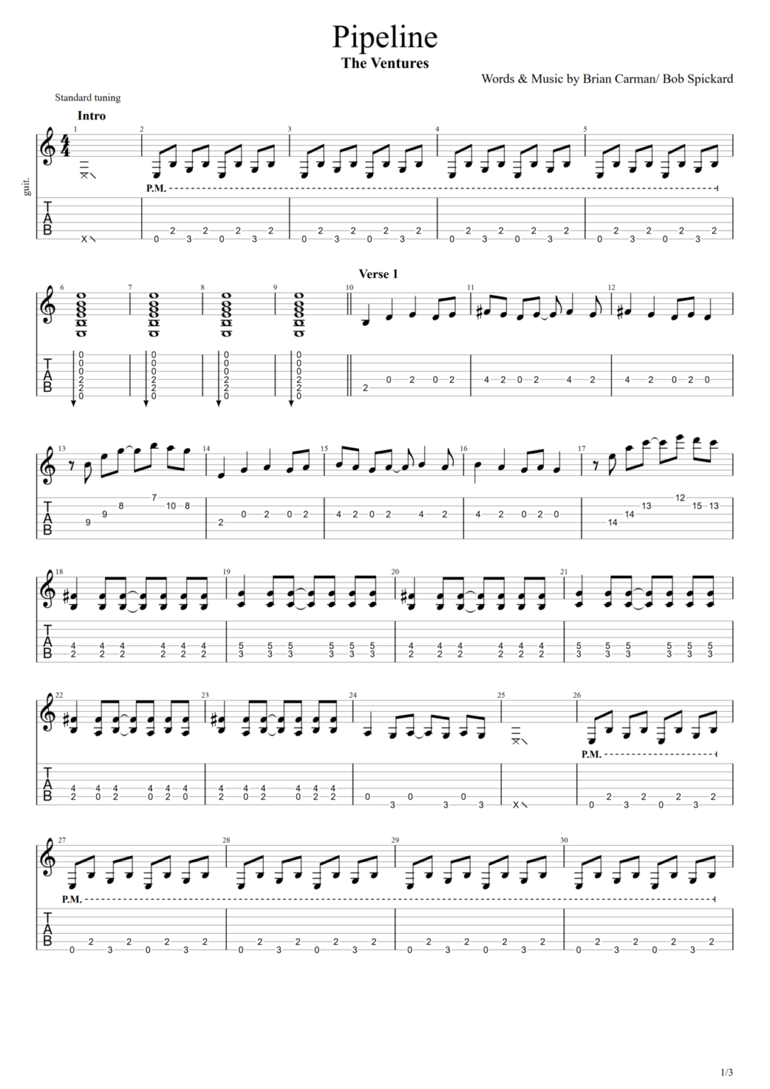 ベンチャーズ『Pipeline』ギターコード&Tab譜 | ギタージャム